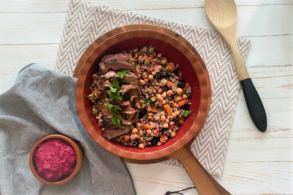 Marinated Lamb Backstrap with Beetroot Hummus and Quinoa Salad ...